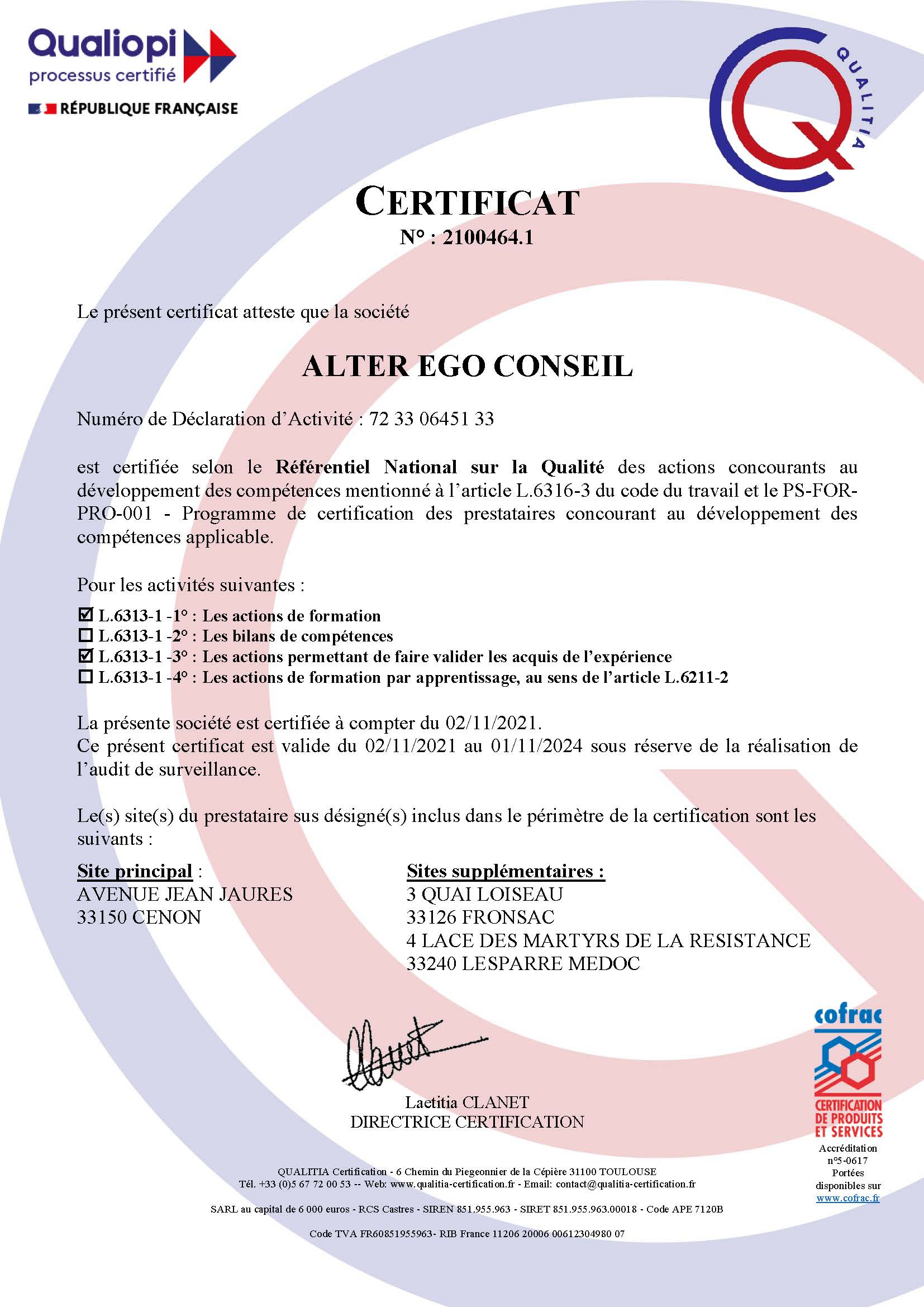 ATTESTATION QUALIOPI - Alter&go